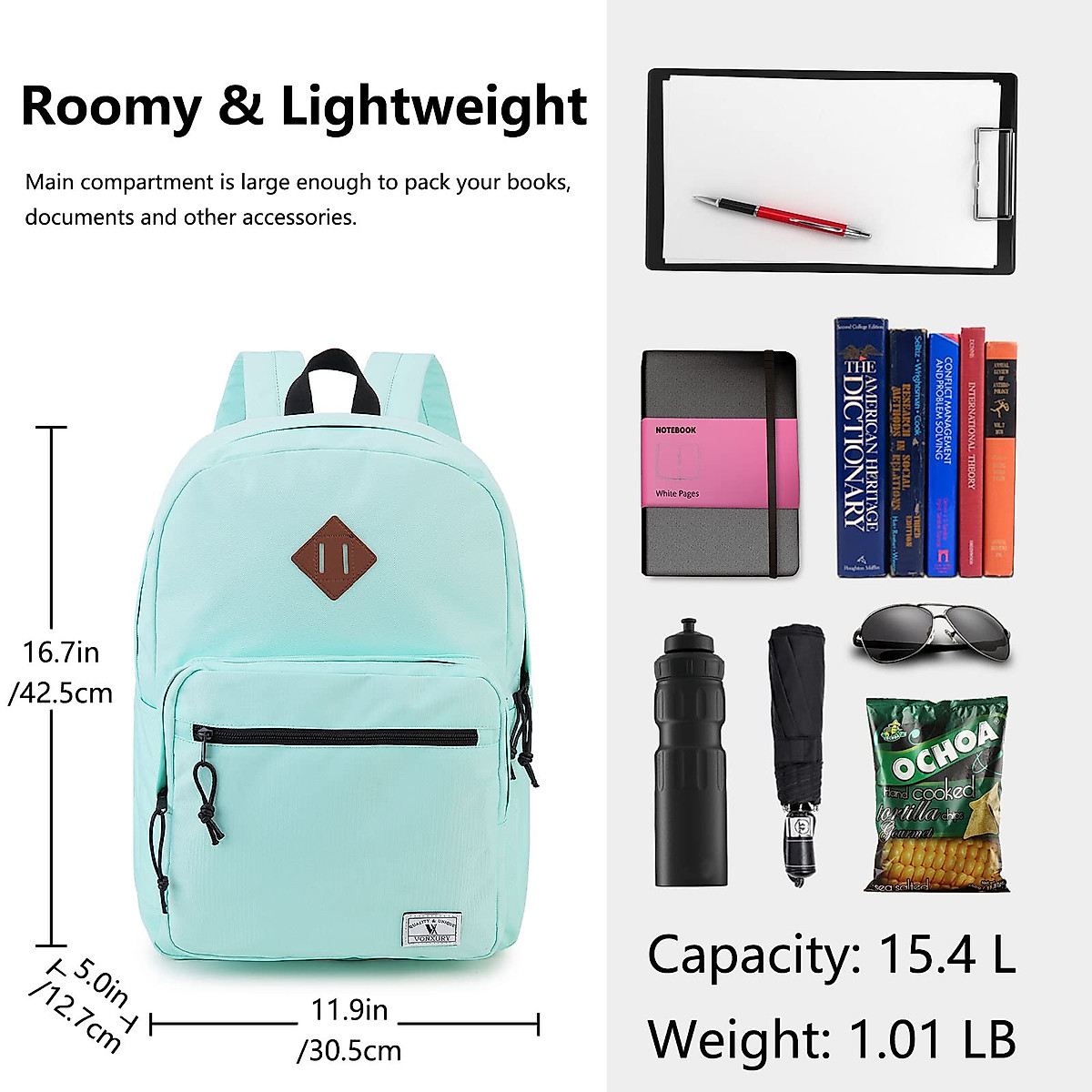 School Backpack,VONXURY Classic Lightweight Water Resistant Causal Daypack for Teens Boys Girls(Mint Green)
