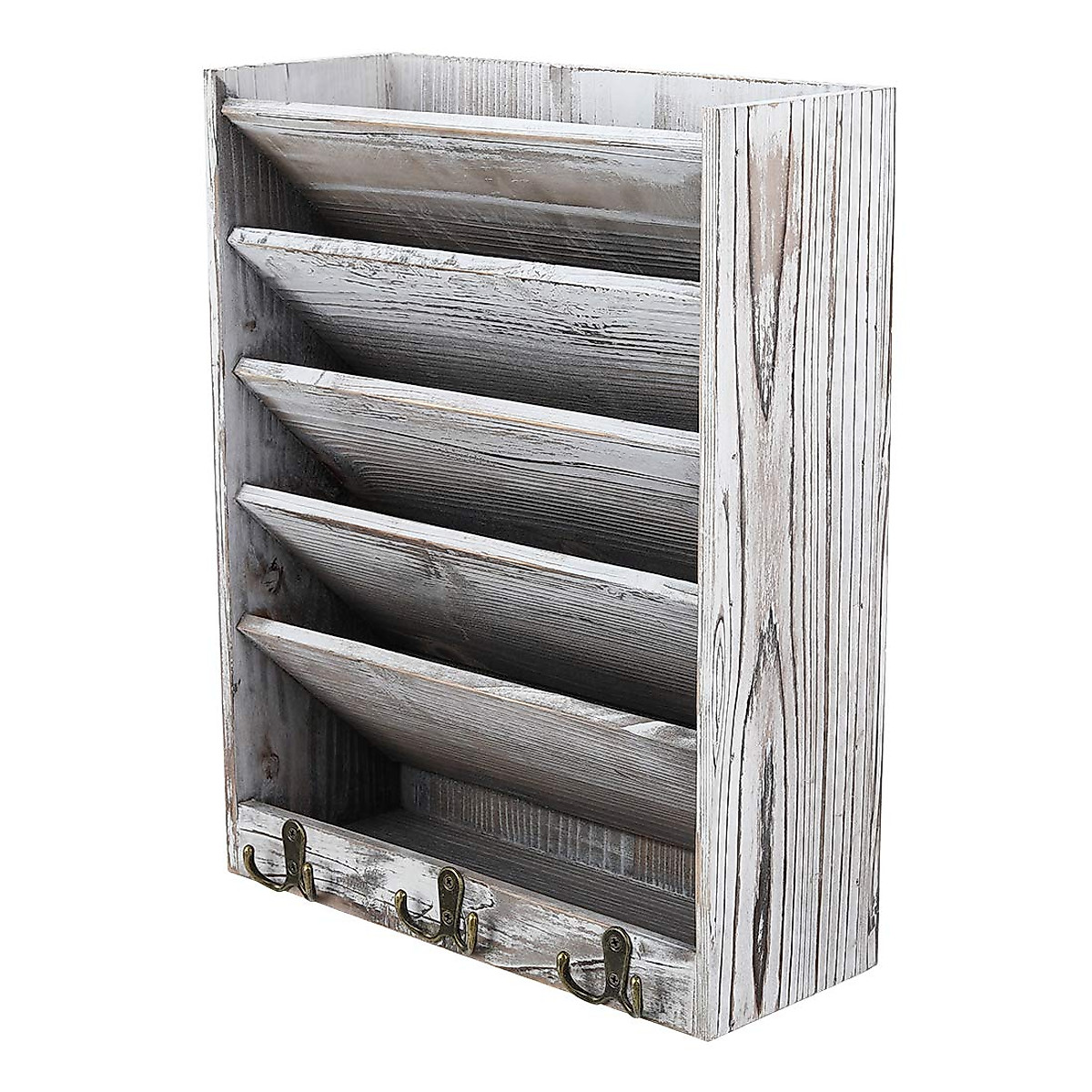 superbpag Wood Wall Mounted File Holder Organizer Literature Rack with 6 Hooks Mail Paper Organizer for Home Office Dormitory