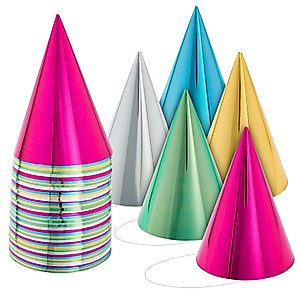 BLUE PANDA 50 Pack Birthday Party Cone Hats for Kids and Adults, Bulk Set in 5 Colors (Metallic Blue/Green/Gold/Silver/Hot Pink)