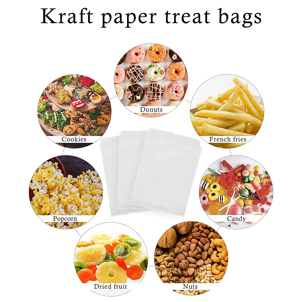 Jexila 100 Pack Paper Treat Bags 5X7 Inch Flat Kraft Paper Cookie Candy Buffet Bag for Bakery Merchandise Wedding Party Favor Craft DIY Bags