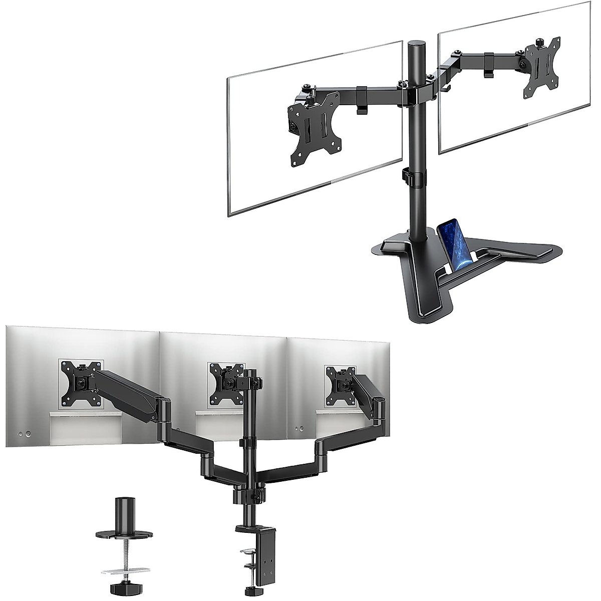 MOUNTUP Triple Monitor Stand Mount& Freestanding Dual Monitor Desk Mount- 3 Monitor Desk Mount for Computer Screens Up to 27 inch, Triple Monitor Arm with Gas Spring, Each Arm Holds Up to 17.6 lbs