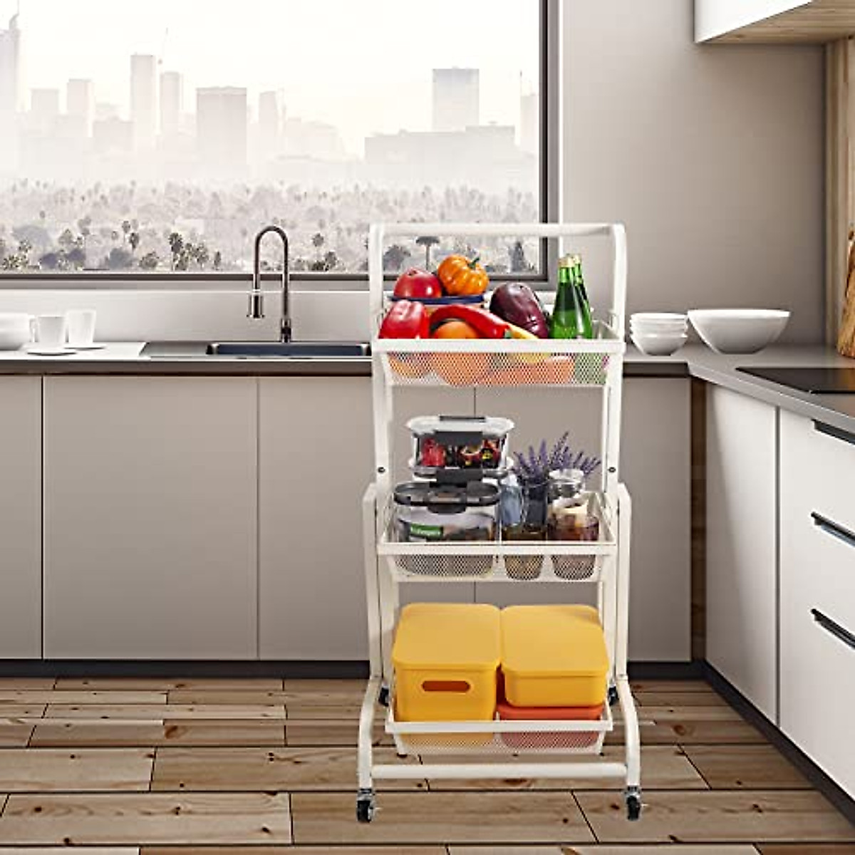 UPGLOW 3-Tier Metal Rolling Utility Cart, Adjustable Kitchen Storage Cart with Removable Mesh Baskets, Storage Trolley with Handle and Lockable Wheels for Kitchen, Bathroom, Office, Coffee Bar