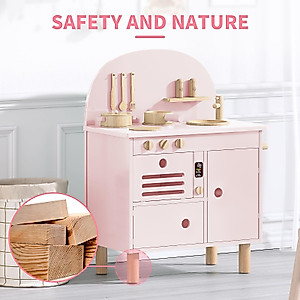 cuoote Play Kitchen Set for Kids Toddlers, Toddler Kitchen Set, Wooden Mini Pretend Kitchen playset for Boys and Girls, Toy Kitchen Gift for Girls and Boys, Gift for Ages 3+, Pink