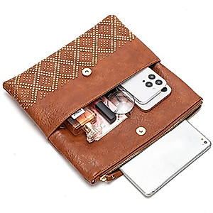 NOL Natural Organic Lifestyle Women Crossbody Bag Shoulder Handbag Evening Clutch Purse with Studs Chaine Strap (Brown)