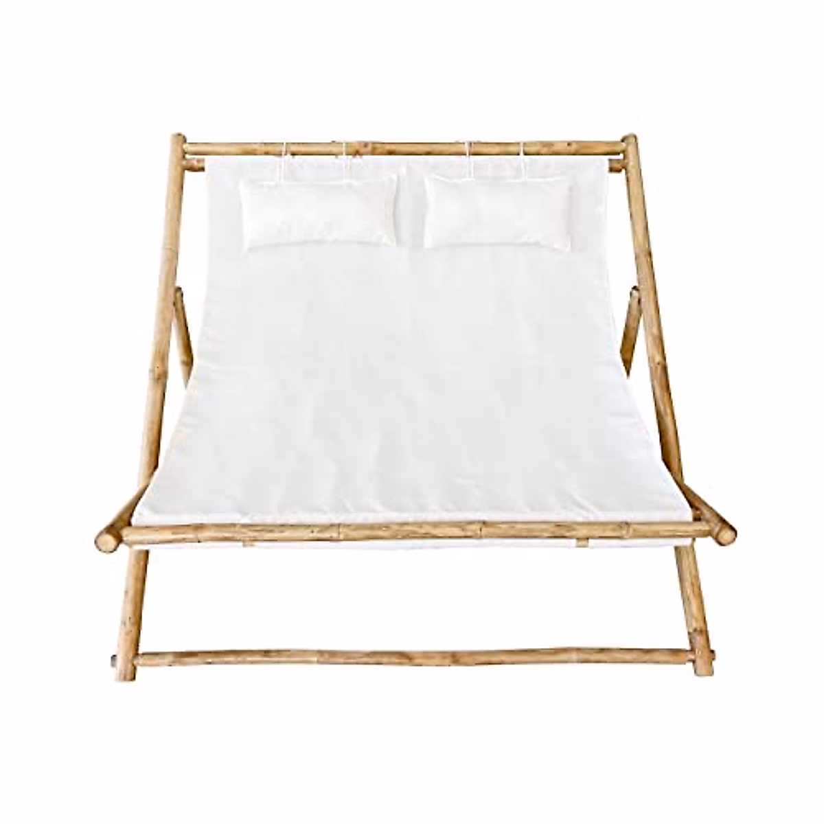 Statra Rattan Bamboo Folding Sling Chairs for 2 People Patio Camping Relax Garden Pool Beach Lounge Outdoor Reclining, Double seat, White