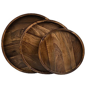KINGCRAFT 3 Set Round Wooden Tray Ottoman Tray with Handles FSC Natural Handmade Black Walnut Serving Tray Vintage Decorative Platters for Kitchen