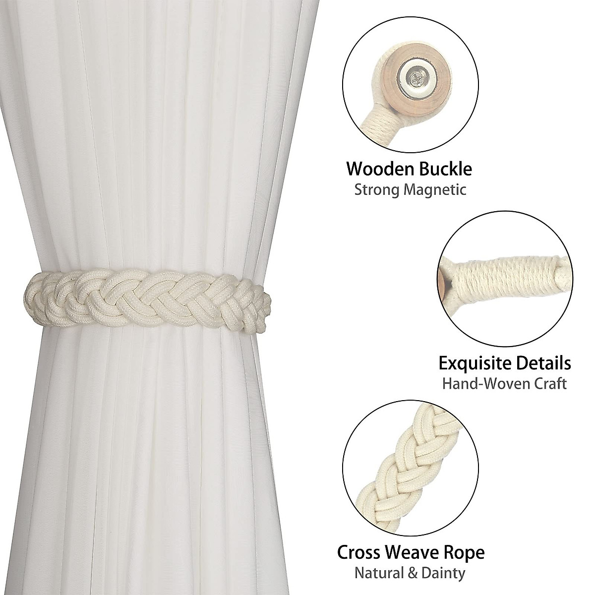 BEL AVENIR Curtain Tiebacks Magnetic Woven Curtain Holdback Drapery Tie-Back (Ivory Braid-1 Pack)