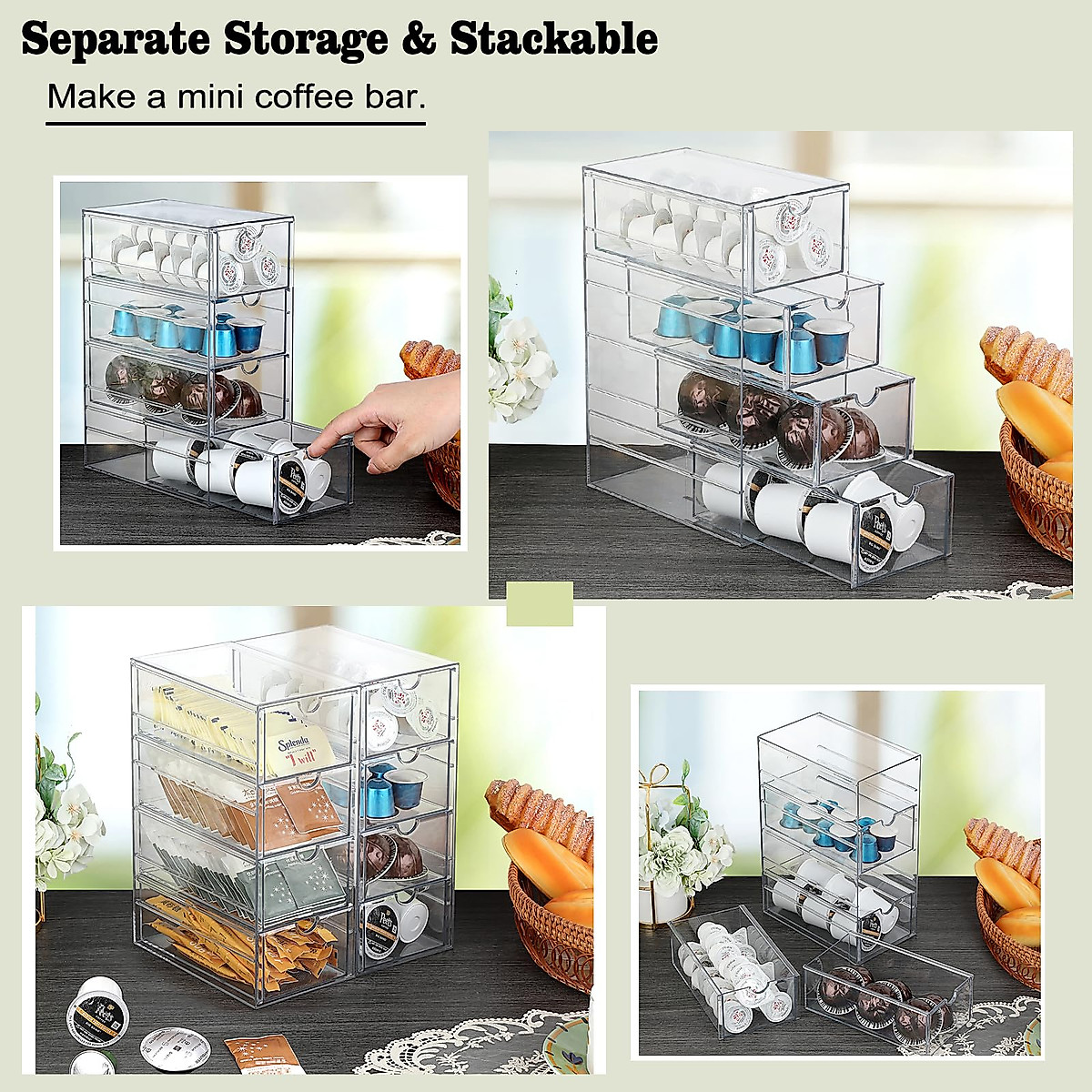 ELLDOO Coffee Pod Holder with 4 Drawers, Acrylic Coffee Pod Organizer for K Cup Espresso, Clear Coffee Capsule Storage Holder Desk Organizer Box for Coffee Bar Office Home Coffee Station Counter