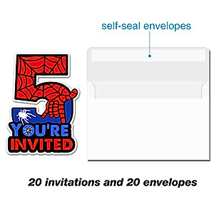 Cute Superhero 5th Birthday Party Invitations Glitter Super Hero 5 Year Old Boy Birthday Shaped Invites Fill-in Invitations With Envelopes, Set of 20