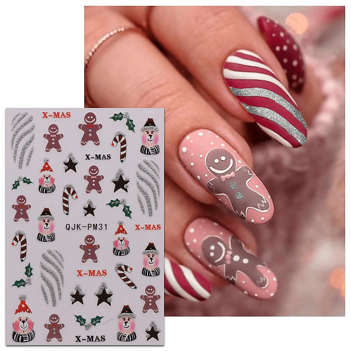 JMEOWIO 10 Sheets Glitter Christmas Nail Art Stickers Decals Self-Adhesive Pegatinas Uñas Cute Snowman Snowflake Line Xmas Winter Holiday Nail Supplies Nail Art Design Decoration Accessories