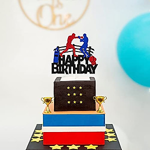 Boxing Cake Topper Bout Pugilist Infighter Beat Boxing Platform Punching Bag Glove Themed Men Kids Boy Girl Birthday Party Cake Decor Happy Bday Event Supplies Double Sided