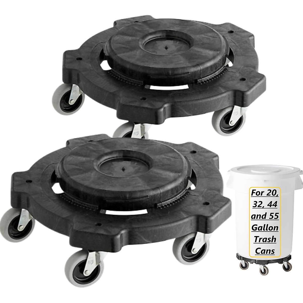 Commercial Round Trash Can Dolly with Wheels for 20, 32, 44, and 55 Gallon Trash cans Brut Trash Can Dollies with Wheels, HDPE Heavy-Duty Plastic Garbage Can Base Made in America. Pack of 2 (2)