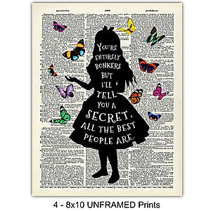 Alice Wonderland Wall Decor Quote Set - 8x10 Dictionary Art Photo Prints - Kids or Girls Bedroom Decor, Room Decorations - Wonderful Gift - Unframed Poster with Butterflies
