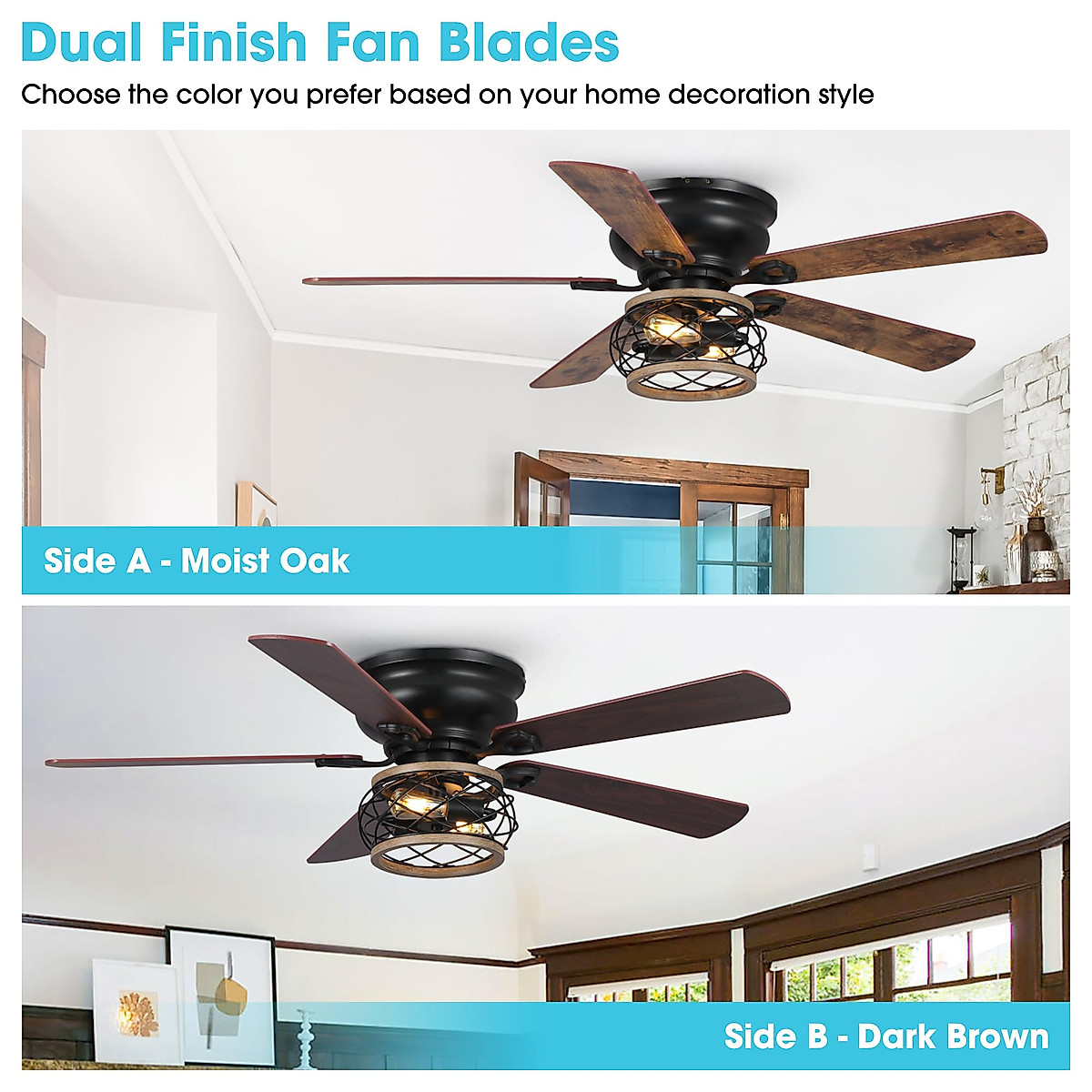 Parrot Uncle Low Profile Ceiling Fans with Lights and Remote, 48 Inch Black Ceiling Fan with Light Flush Mount Farmhouse Rustic Hugger Fan for Bedroom, Reverse Airflow, Timer, FREE Replacement