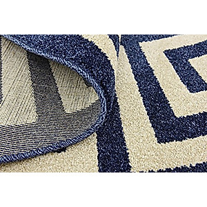 Unique Loom Athens Collection Classic Geometric Modern Border Design Area Rug, Round 8' 0" x 8' 0", Navy Blue/Beige