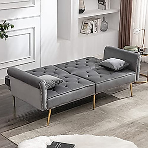 civama Futon Sofa Bed, Velvet 76" Twin Size Couch with 2 Pillows, Convertible 3-Seater 3 Adjustable Angle Tufted Sleeper with Nailhead Trim, Golden Metal Legs Folding Futon for Living Space, Gray
