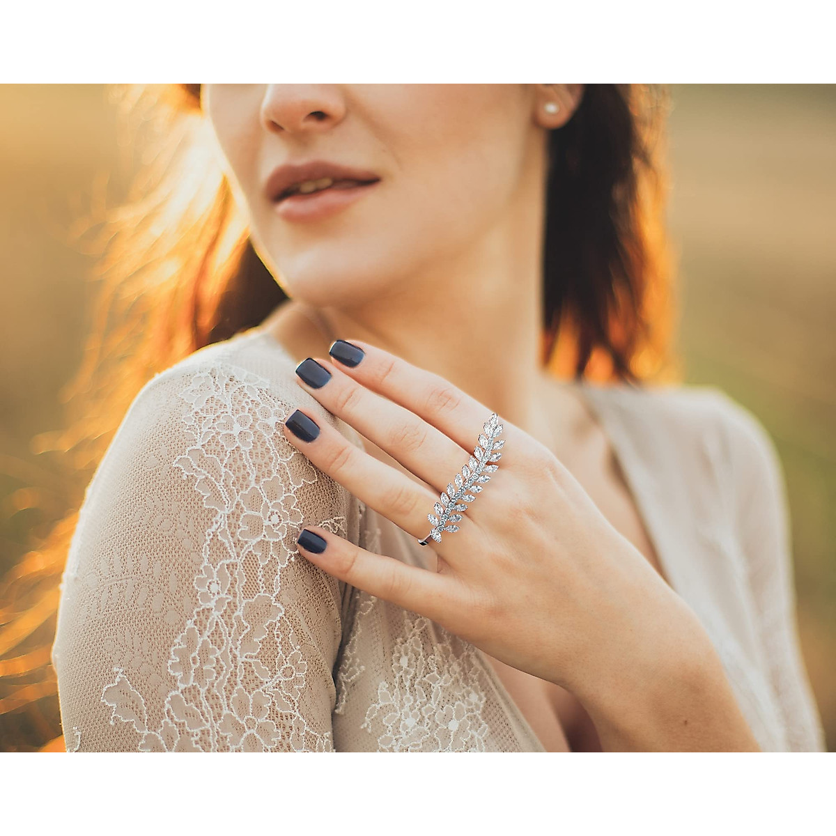 Aprilery Two-Finger Statement Ring Palm for Women, Fashion CZ Crystal Adjustable Rings Cocktail Open Multiple Ring Leaf Wedding Party Prom Accessory Jewelry Gifts for Her (Style 6)