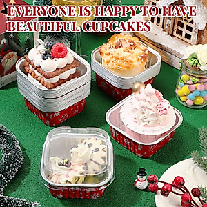 Suttmin 200 Pcs Christmas Baking Cups Foil Pans with Lids 5oz Mini Cake Containers Aluminum Cupcake Liners Square Dessert Cups Xmas Disposable Tin Muffin for Xmas Party(Snowflake)