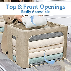 Clothes Storage Bins Box - Linen Fabric Foldable Stackable Container Organizer Set with Clear Window & Carry Handles & Metal Frame - 2Pack Large Capacity for Bedding, Blankets, Toys, Books (Beige, Medium-36L)