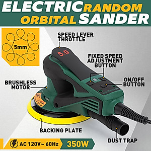 KUIMIT Electric Random Orbital Sander, 350W brushless motor with 5&6-inch pads, 4000-10000RPM Electric Palm Sander for Woodworking, Sanding and Polishing