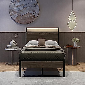 NNV Industrial Twin Size Bed Frame with Headboard Stoarge, Metal Platform Bed Frame with LED Lights and USB Ports, Sturdy and No Noise Easy Installation No Box Spring Needed, Grey