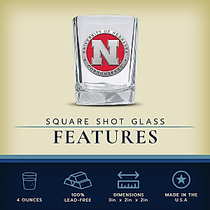 Heritage Pewter Nebraska Square Shot Glass | Hand-Sculpted 1.5 Ounce Shot Glass | Intricately Crafted Metal Pewter Alma Mater Inlay