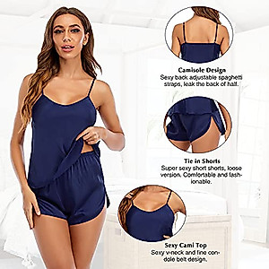 Zando Womens Plus Size Lingerie Sexy Back Pajamas Satin Lingerie Sleepwear Shorts Silk Sleepwear Sets for Women PJ Set 2 Piece Summer Pajamas Set Cami Shorts Pajama Navy Blue X-Large