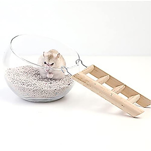 Kelendle Hamster Glass Bathroom with Wooden Ladder Transparent Glass Hamster Toilet Hamster Sand Bath Container Small Animal Cage Accessories for Indoor and Outdoor Decoration