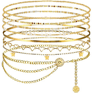 JenPen 8 Pcs Belly Chain Adjustable Elastic Waist Chain Boho African Waist Beads for Women Butterfly Heart Body Chain Multilayer Gold Chain Belt Bikini Jewelry, One Size