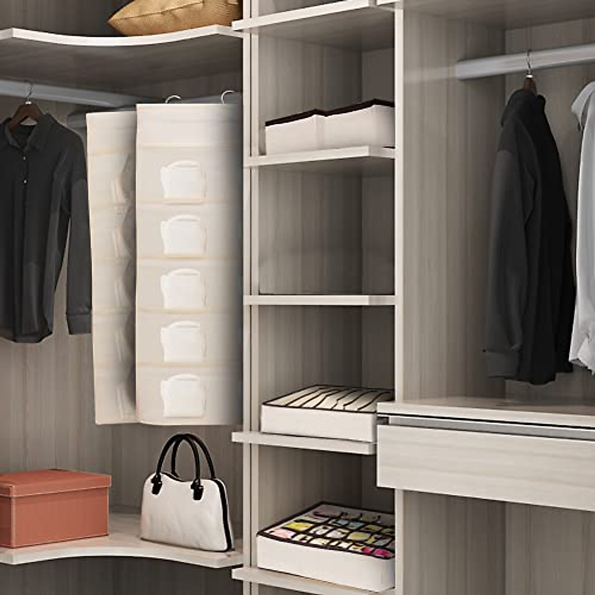 5pcs Underwear Drawer Organizers Divider Foldable Cabinet Closet Hanging Bag, Wardrobe Storage Box for Clothes, Socks, Ties, Belts(Beige)