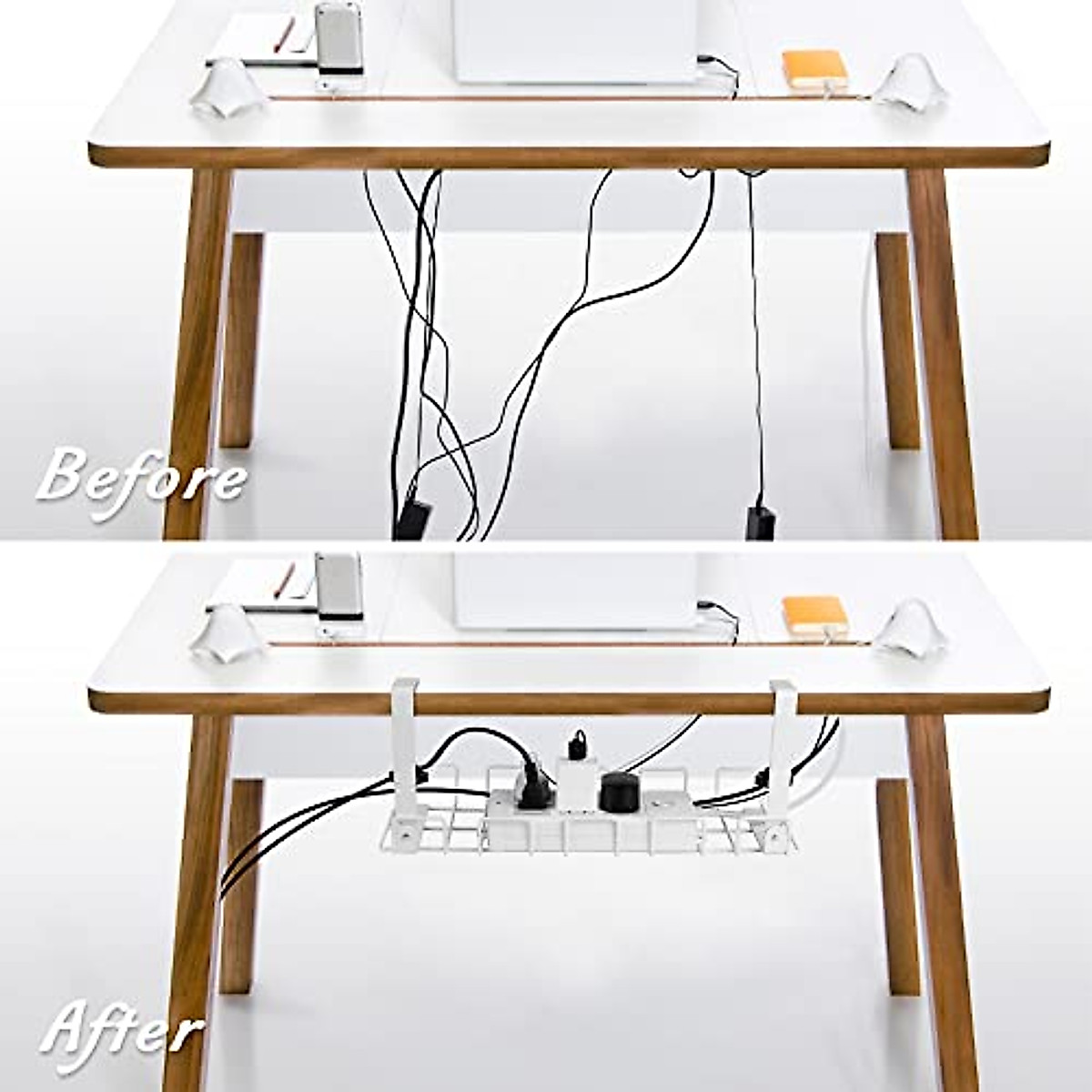Under Desk Cable Management Tray, 40cm Upgraded No Holes to Drill Under Desk Cord Fodable Clamp Organizer for Wire Management Metal Holder for Home, Office and Kitchen (1 Pack, White)