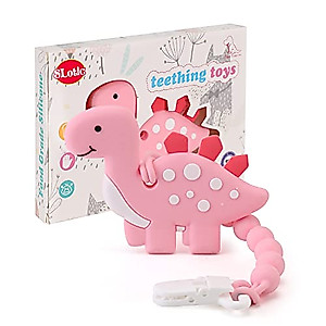Baby Teething Toys for Babies 3-6 6-12 Months, Dinosaur Teether Pain Relief Toy with One Piece Design Pacifier Clip Holder Set, Freezer Safe Neutral Shower Gift for Boys and Girls (Pink)