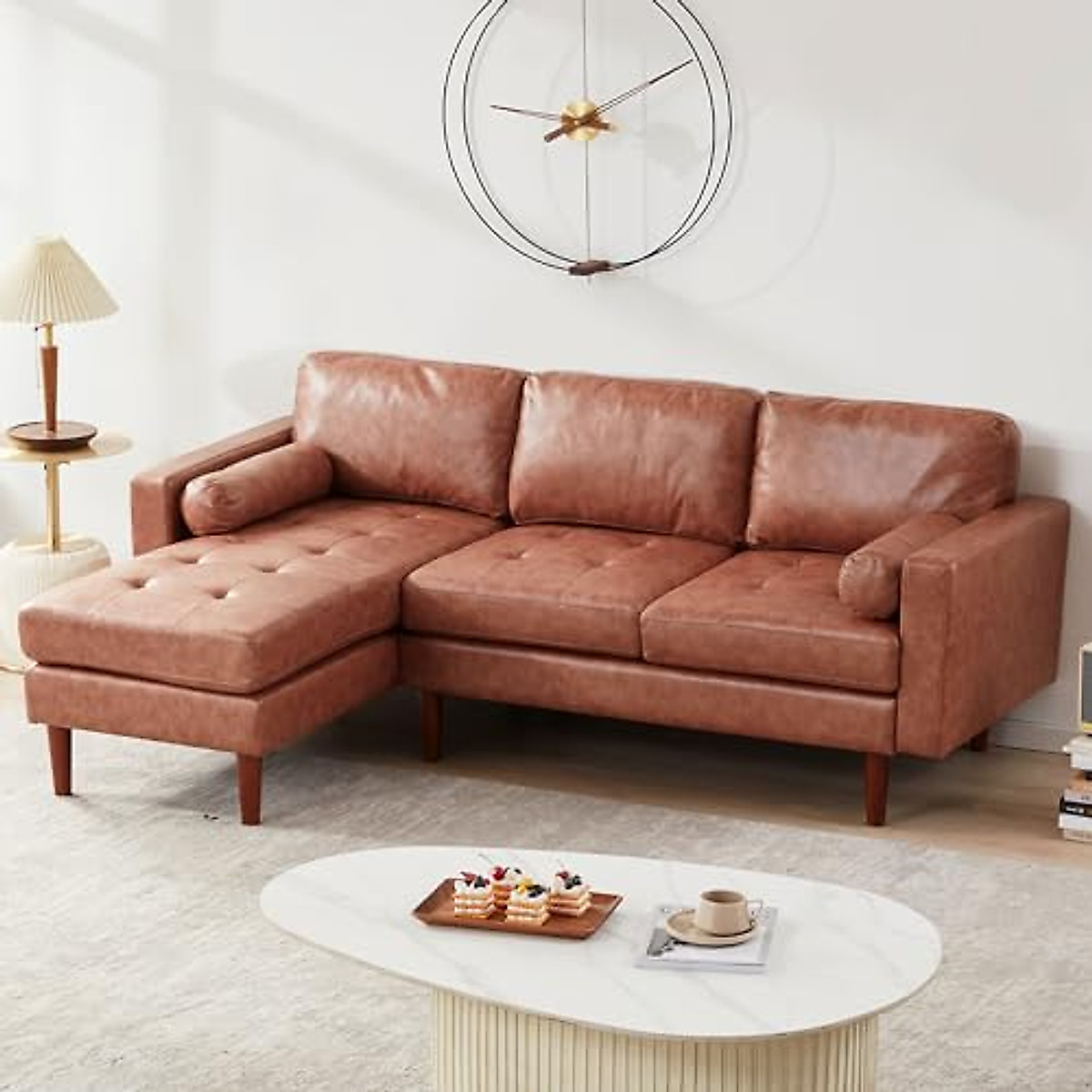 Tbfit 80" W Sectional Sofa Couch, L Shaped Couch with Reversible Chaise, Mid Century Modern Couches for Living Room Apartment Small Space, Convertible Sofa with Tufted Seat Cushion, Brown