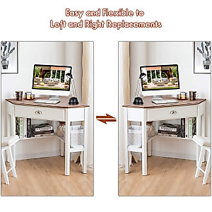 Tangkula Corner Desk, Corner Computer Desk with Drawer for Small Space, Small Corner Makeup Vanity Desk, 90 Degrees Triangle Corner Desk with Storage Shelves (Natural & White)