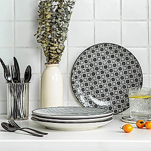 vancasso Haruka Ceramic Dinner Plates 10 Inch, Round Salad Plates Fit Steak Fruit Pasta Pancake, Microwave, Oven, Freezer and Dishwasher Safe, Set of 4, Japanese Plates Black and White