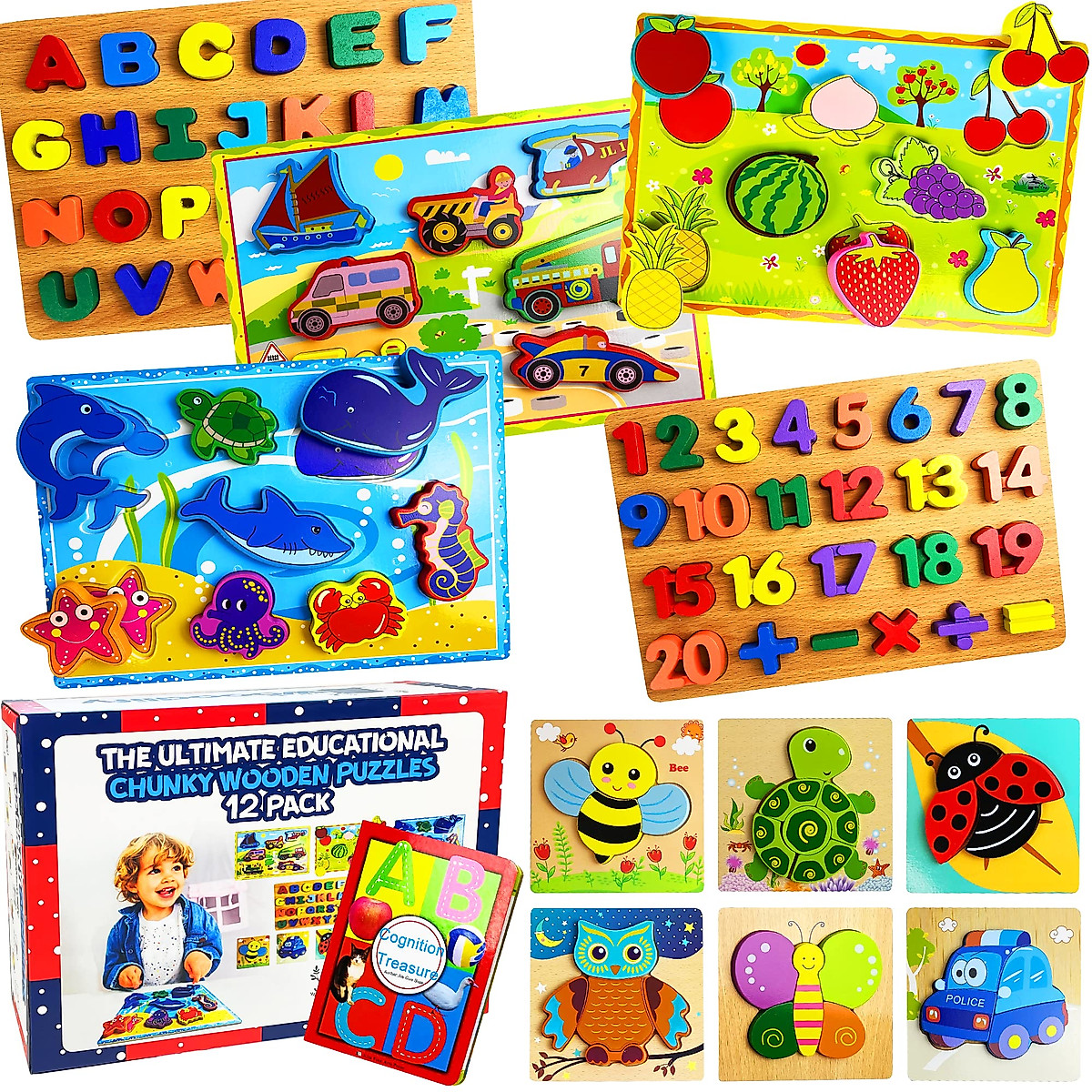12 Pack Premium Chunky Wooden Puzzles for Toddlers Ages 2-4 - Toddler Learning Toys for Boys & Girls - Alphabet, Numbers, Fruits, Sea Life, Vehicles, Animals - Jigsaw Peg Puzzles for Kids - Value Set