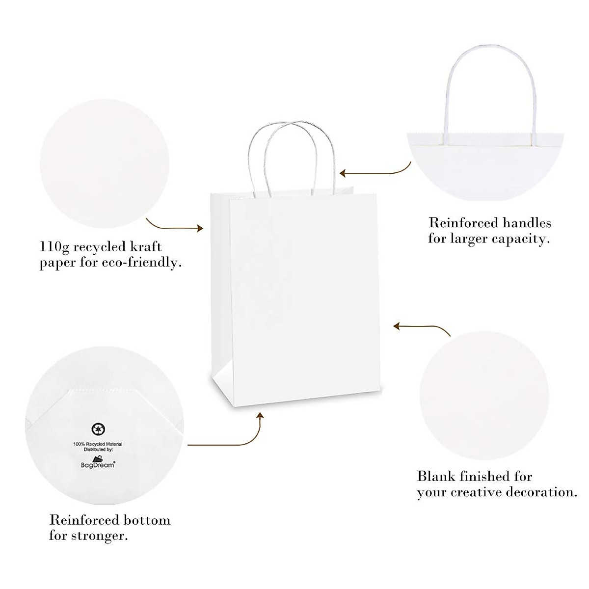 BagDream Gift Bags 8x4.25x10.5 100Pcs Kraft Paper Bags with Handles Bulk, White Gift Bags Medium Shopping Retail Merchandise Wedding Party Favor Bags, Paper Grocery Bags Sacks Recyclable