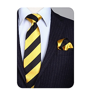 HISDERN Plaid Tie Handkerchief Woven Classic Stripe Men's Necktie & Pocket Square Set ,Yellow & Black,One Size