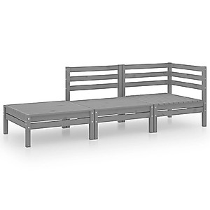 vidaXL 3 Piece Patio Lounge Set, Gray, Solid Pinewood, Outdoor Furniture, Modular Design, Includes Middle Sofa, Corner Sofa and Footstool