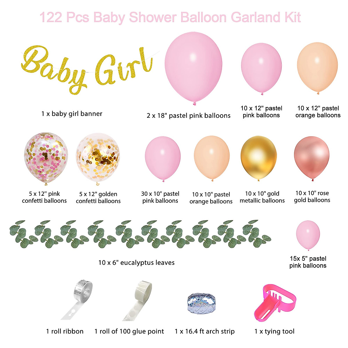 122Pcs Baby Shower Decorations for Girl Rose Gold Pink Balloons Arch Garland Kit with Eucalyptus Boho Greenery Baby Girl Banner Peach Blush Gold Balloons for Baby in Bloom Gender Reveal Party Supplies