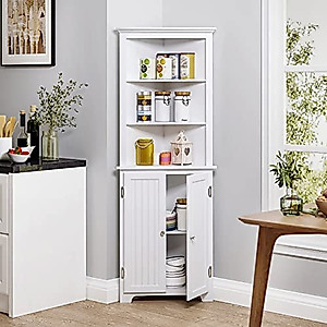 UTEX Tall Corner Cabinet, Free Standing Corner Storage Cabinet with Doors and Adjustable Shelves, Storage Cabinet Tall for Bathroom, Kitchen, Living Room, White