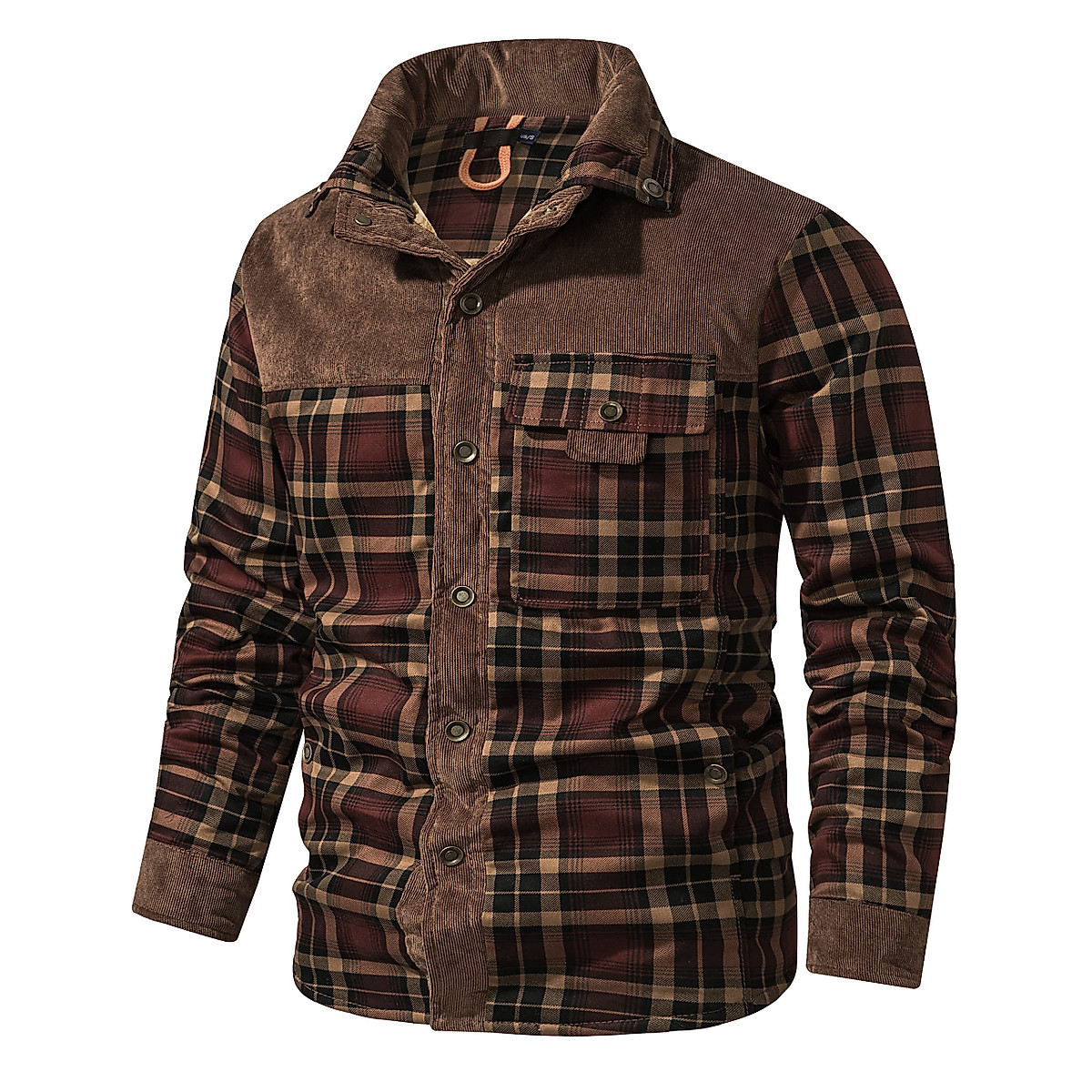 Flygo Men's Outdoor Casual Vintage Buck Fleece Sherpa Lined Flannel Camp Plaid Shirt Jacket(Coffee-M)