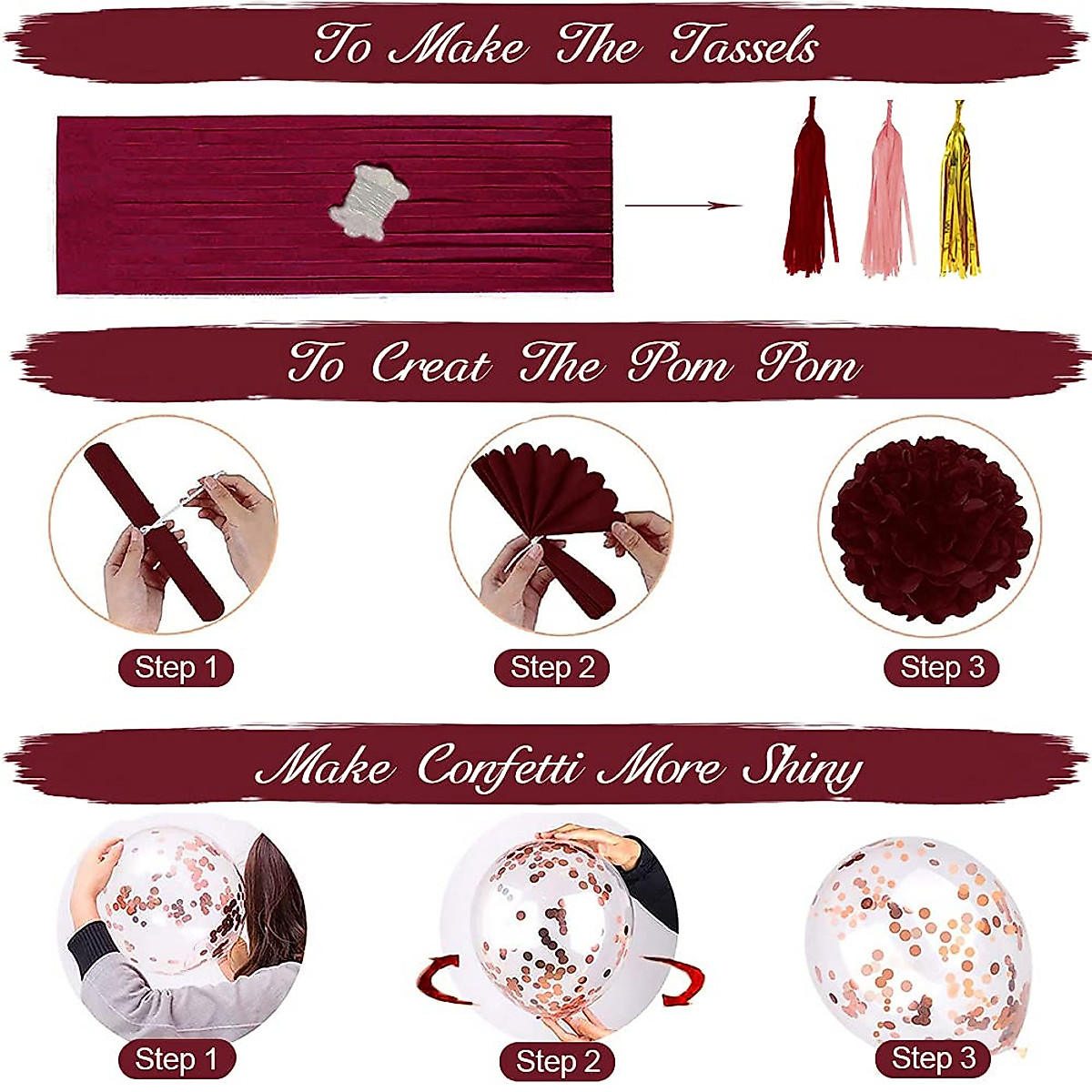 Birthday Decorations for Women, Burgundy Party Decorations with Rose Gold White Balloons Happy Birthday Banner for Bachelorette Wedding Lady 30th 40th (For All)