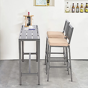 ONLYCTR Outdoor Bar Chairs and Table, Metal Outdoor Bar Set, 3 Piece Patio Bar Table Set with Bar Stools & Cushions for Backyard, Porch, Bistro, Balcony (Gray, 47" Table, 2 Vertical Back stools)