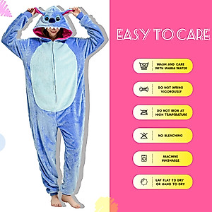 Yemnut Snug Fit Adult Unisex Onesie Cosplay Costume，One Piece Pajama Halloween Homewear Suit for Women and Men (X-Large, Blue Stitch)