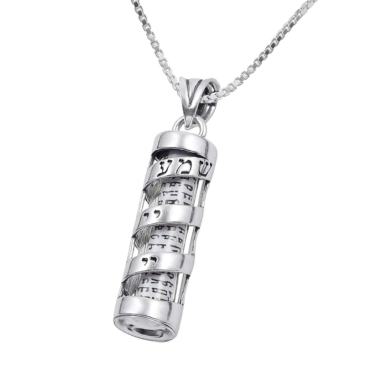 AJDesign Mezuzah Necklace Pendant Spiral Shema Yisrael and Scroll in 925 Sterling Silver (24 Inches Chain)