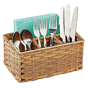 mDesign Plastic Woven Divided Cutlery Storage Organizer Caddy Tote; Basket Holder for Kitchen Table, Cabinet, Pantry - Holds Silverware, Forks, Knives, Spoons, Napkins and other Utensils - Camel Brown