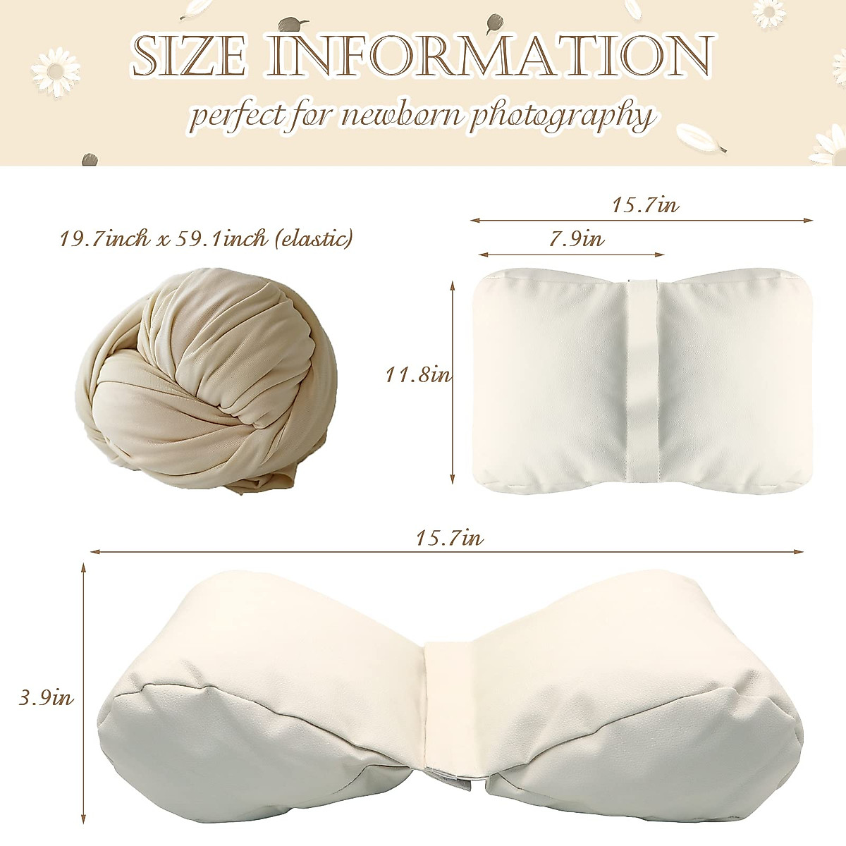 SPOKKI Newborn Baby Photography Butterfly Posing Pillow, Baby Photoshoot Props with Long Ripple Beige Pearl Wrap Outfits for Boy Girl Princess