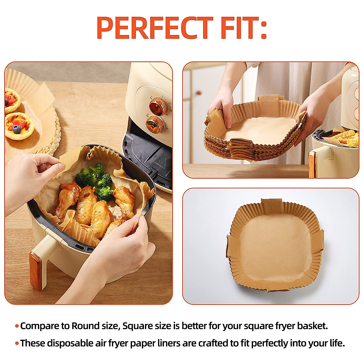 Rumia Air Fryer Liners Disposable Parchment Paper Square,7.9-inch (Fit 5-8 QT) Airfryer Liners for Air Frying, Baking, Roasting Microwave, Unbleached Oil-proof Food Grade Parchment Paper(100Pcs 8inch)