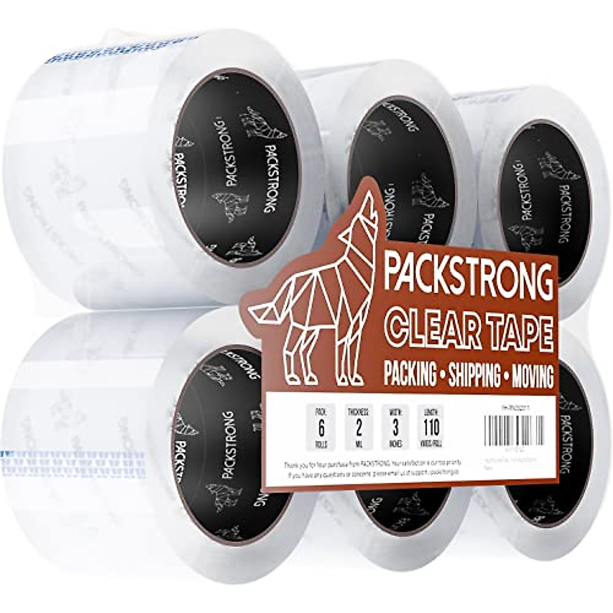 Packstrong Industrial Grade Clear Packing Tape (6 Rolls) - 110 Yards per Roll - 3" Wide x 2.0 mil Thick, Acrylic Adhesive Heavy Duty Tape for Box Office Moving Packaging Shipping